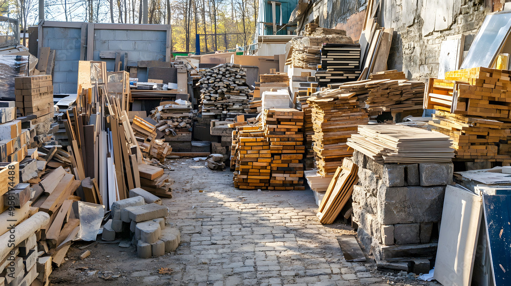 urban mining zero waste, sorted piles of construction materials windows ...
