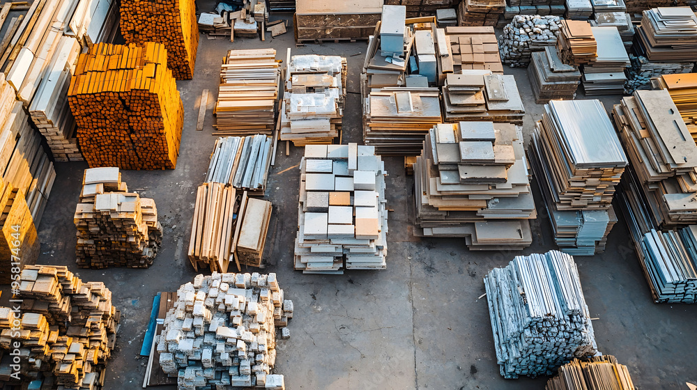 urban mining zero waste, sorted piles of construction materials windows ...