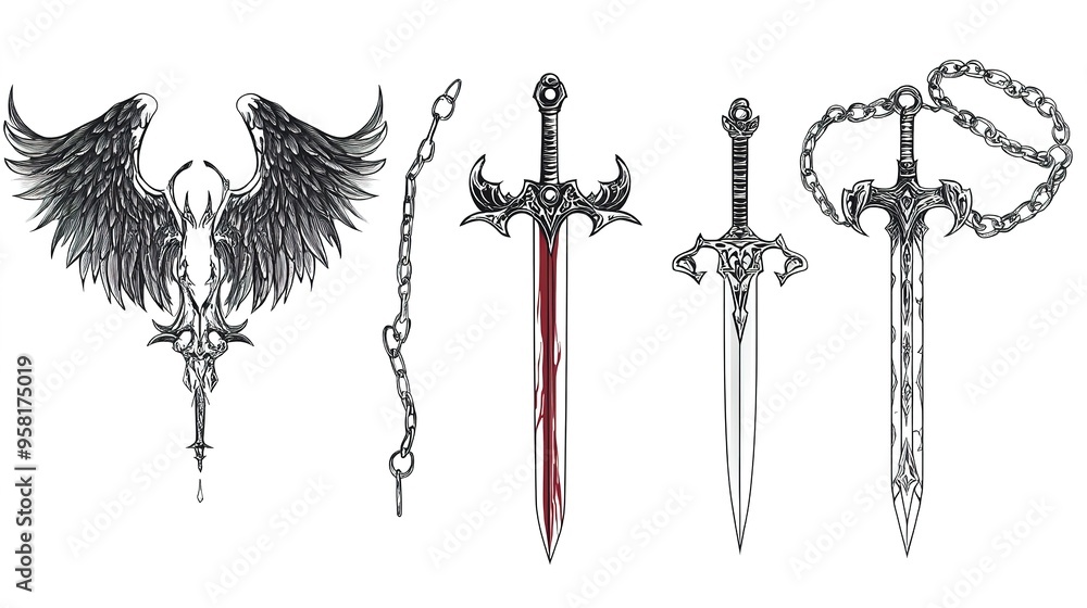 Line Divider Featuring a Long Sword, Angel Wings, Iron Chains with ...