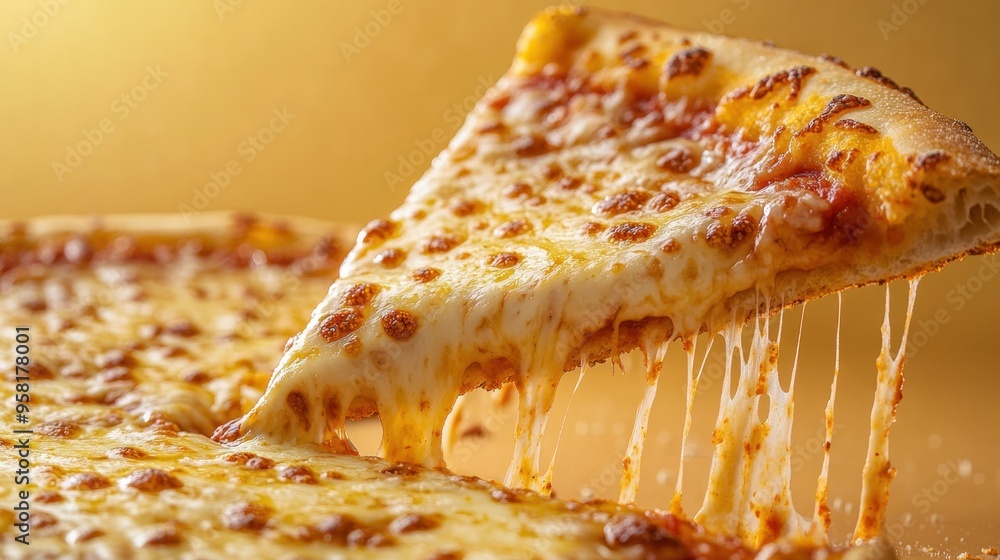 Close-up of a pizza slice flying being pulled, with mozzarella cheese ...