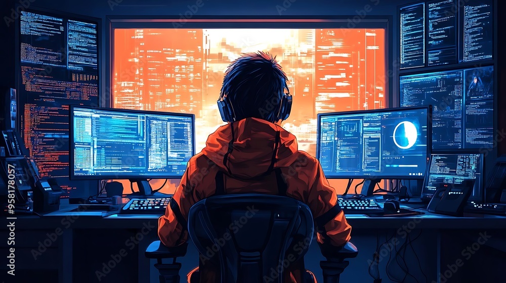 Hacker in a Dark Room with Multiple Monitors Illustration Stock ...