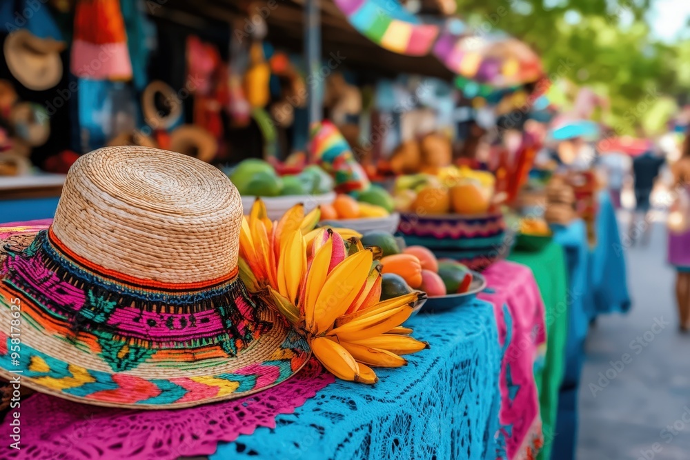 A colorful marketplace table adorned with woven straw hats, bananas ...