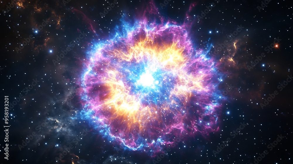 A supernova explosion captured in vivid detail, with shockwaves, bright colors, and the remnants ...