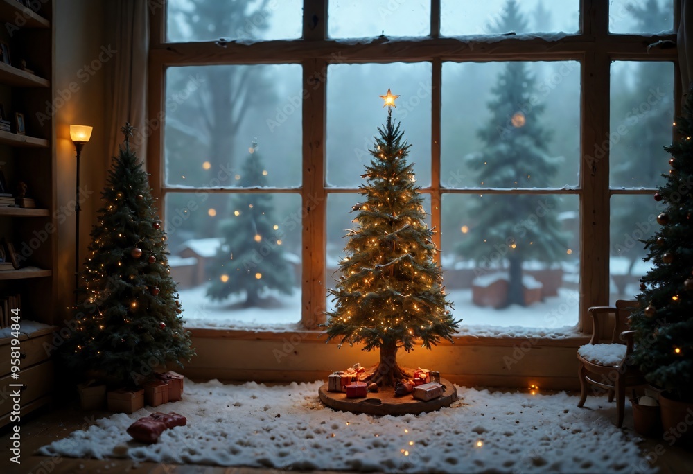 A Christmas tree reflected in a large window, with snow falling outside ...
