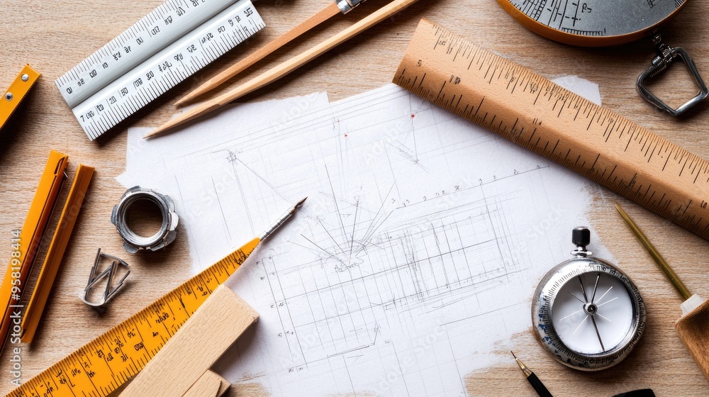 Collection of geometry tools like a set square, compass, and ruler laid ...