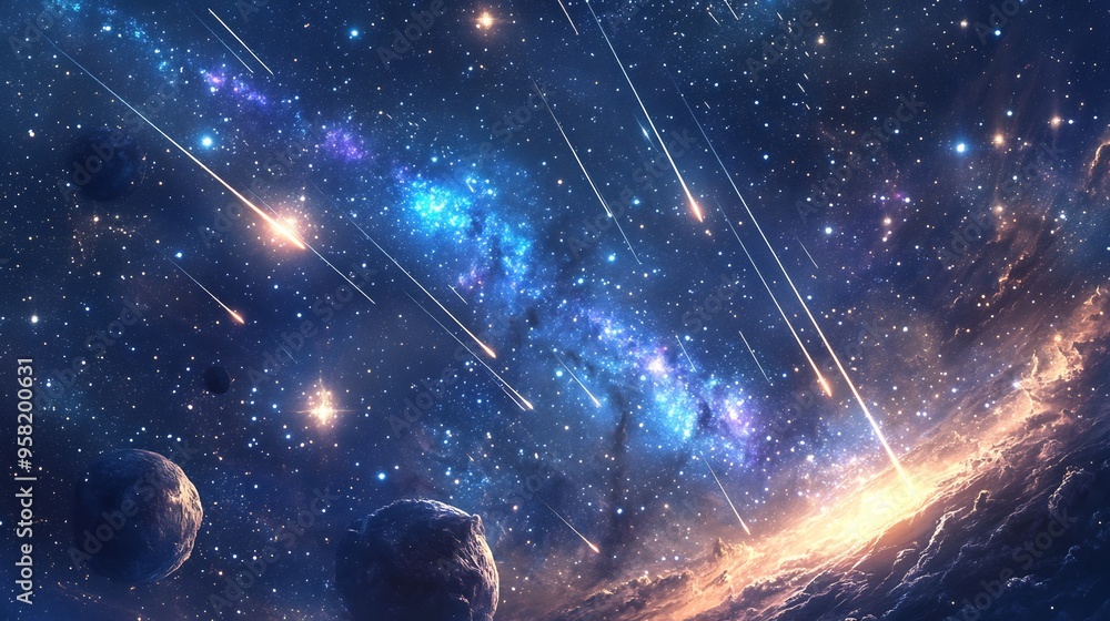 An expansive starfield with multiple shooting stars crossing the sky ...