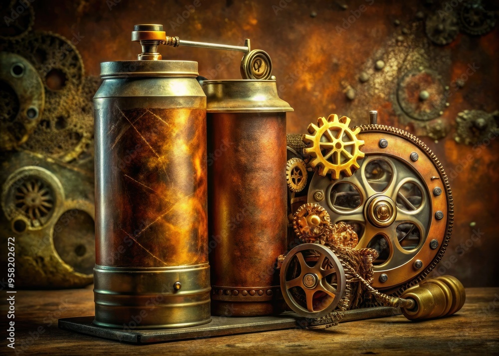 Quirky steampunk inspired slim can still life with earthy tones and ...