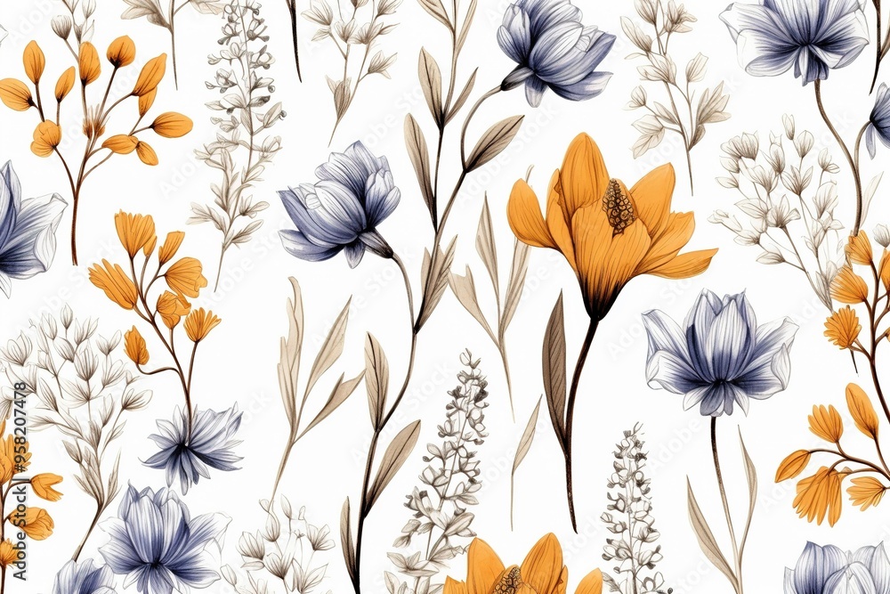 Seamless pastel retro style hand drawn floral pattern. High detailed ...