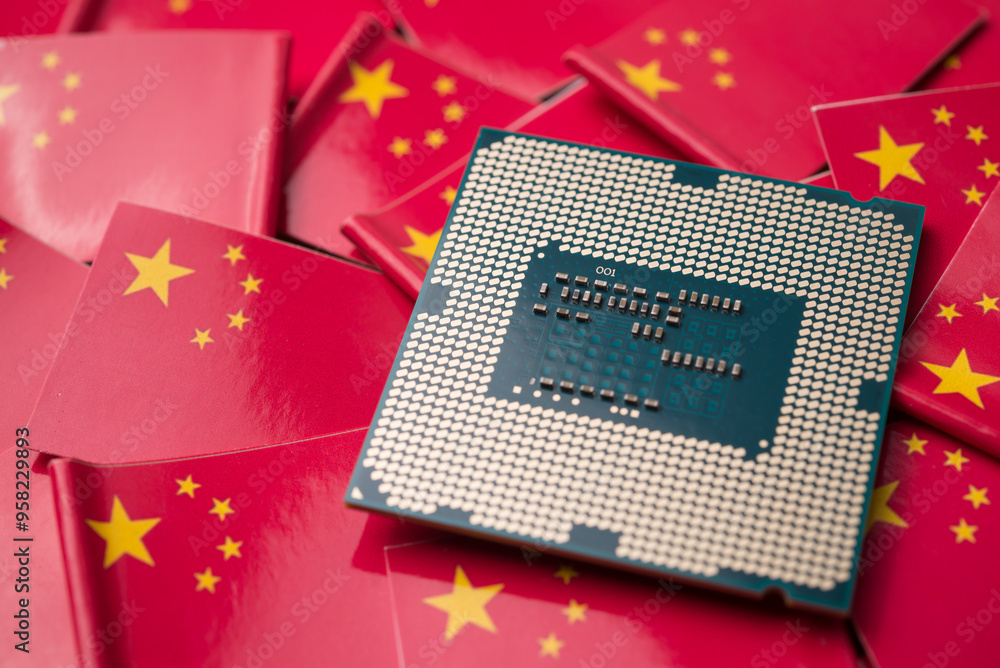 CPU computer (central processing unit) on many Chinese flag background ...