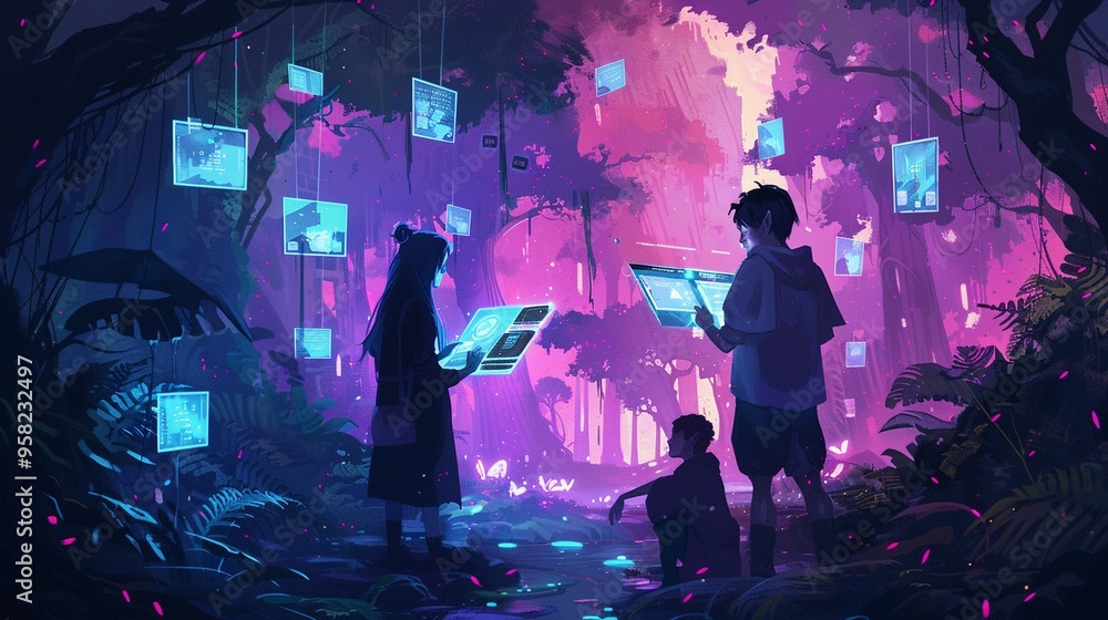 Elves crafting digital marketing campaigns in a forest using enchanted ...