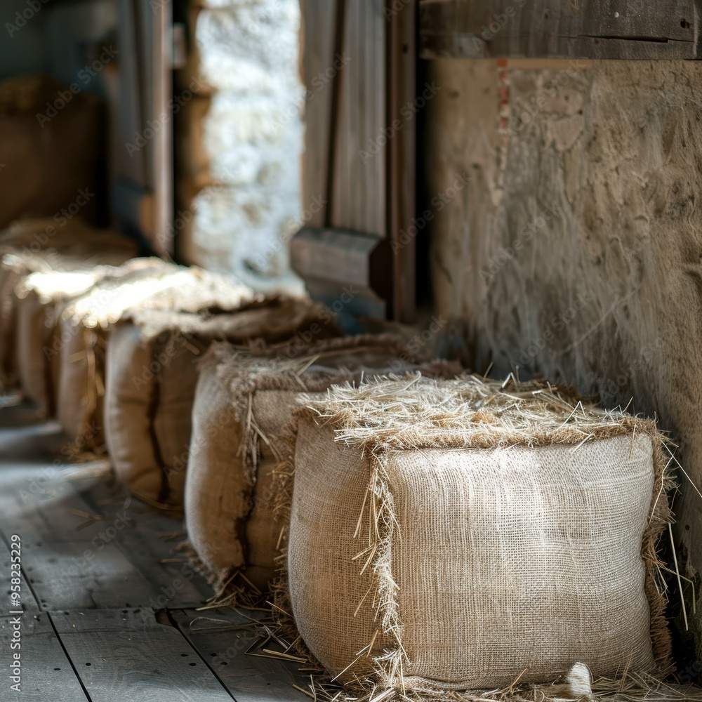 Rustic burlap sacks filled with straw are lined up against a weathered ...