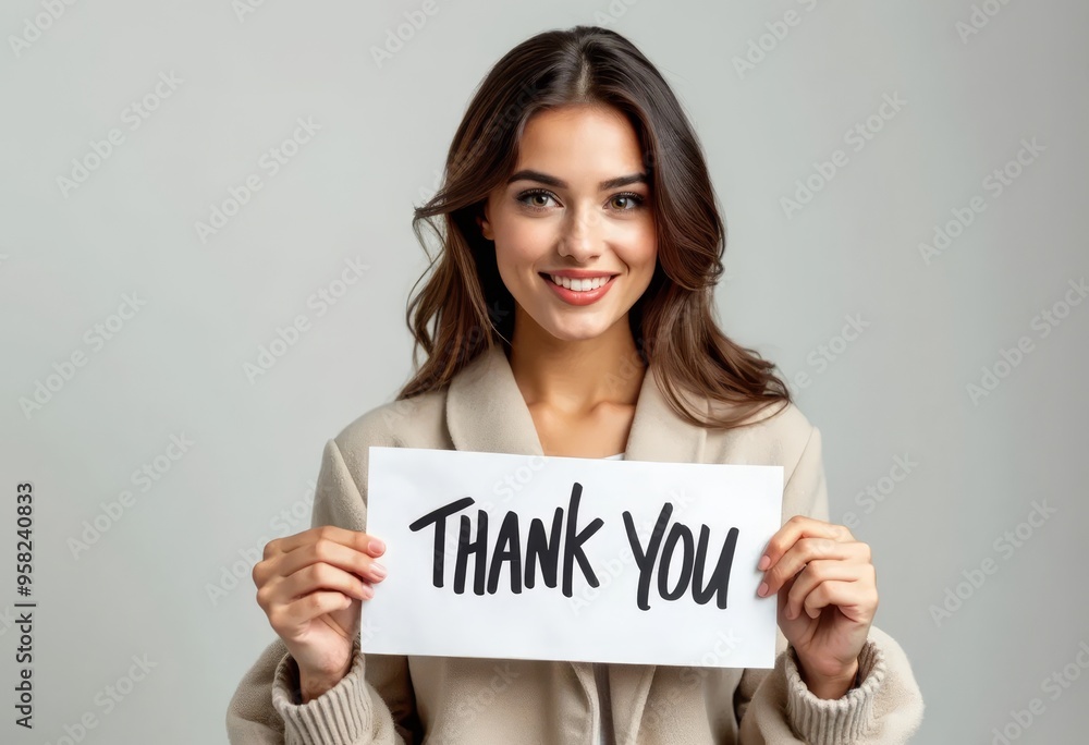 Thank You message : beautiful woman holding a banner with text ...
