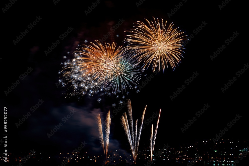 Fireworks on the dark sky background. Colorful fireworks from Loto ...