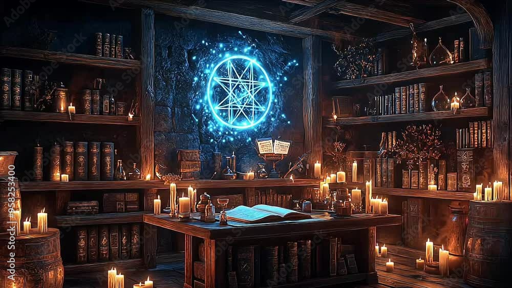A sorcerer's laboratory filled with bubbling potions, glowing artifacts ...