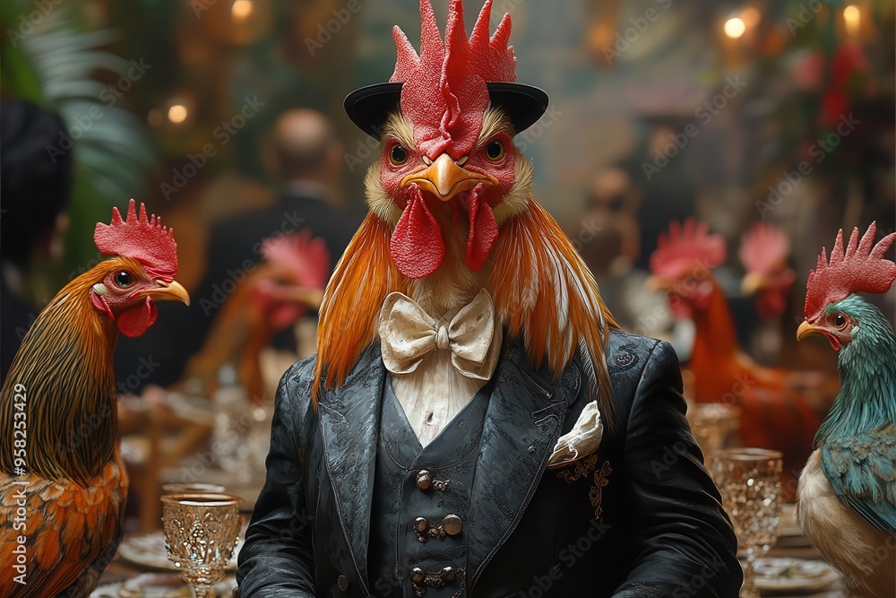 anthropomorphic rooster wearing a dapper tuxedo and top hat hosting a ...