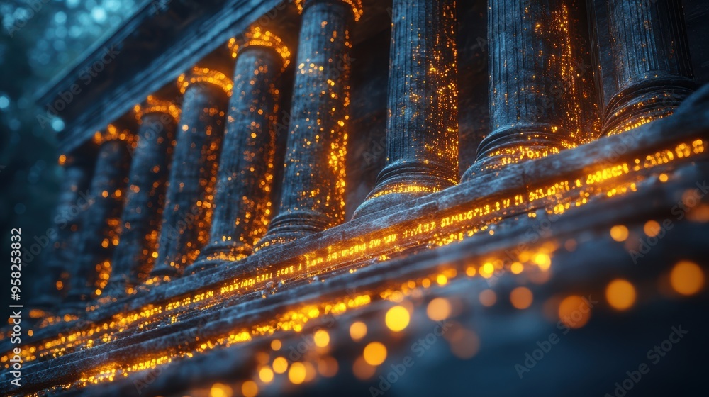 "Illuminated bank building columns with glowing numbers and ...