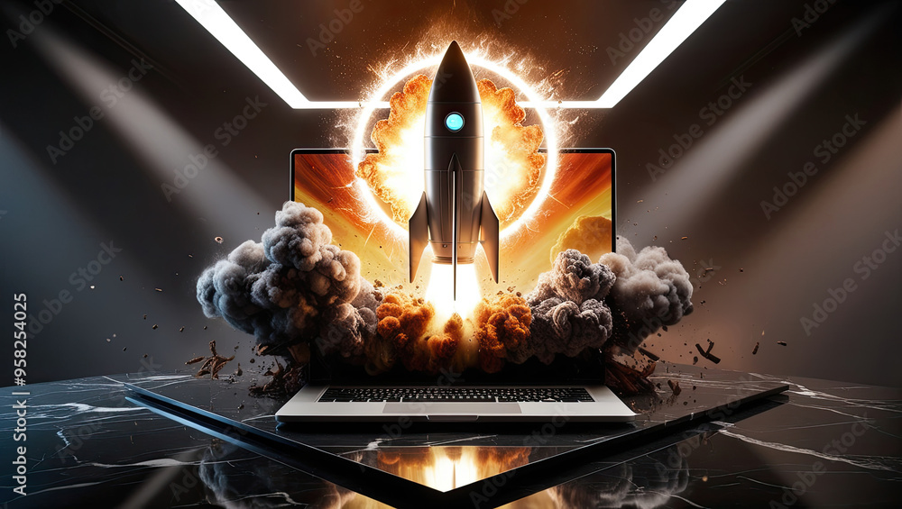 Futuristic High-Speed Rocket Launching from Laptop Screen in a High ...