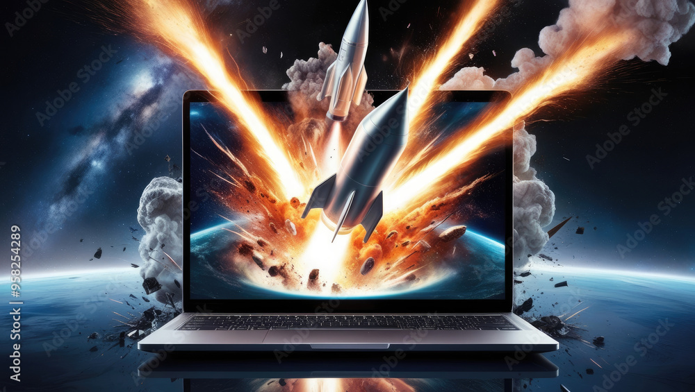 Futuristic High-Speed Rocket Launching from Laptop Screen in a High ...