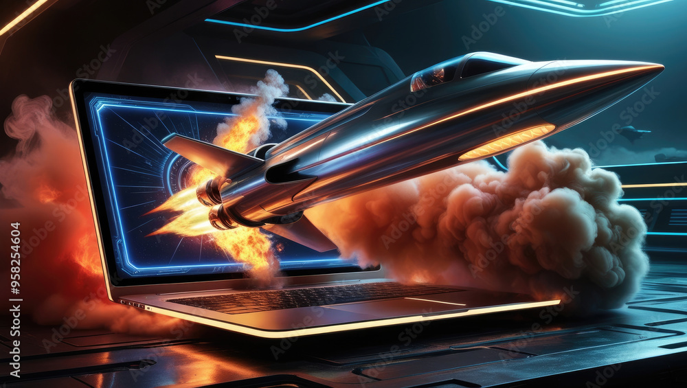 Futuristic High-Speed Rocket Launching from Laptop Screen in a High ...