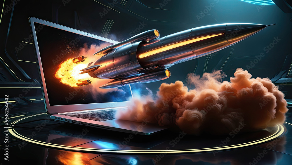 Futuristic High-Speed Rocket Launching from Laptop Screen in a High ...