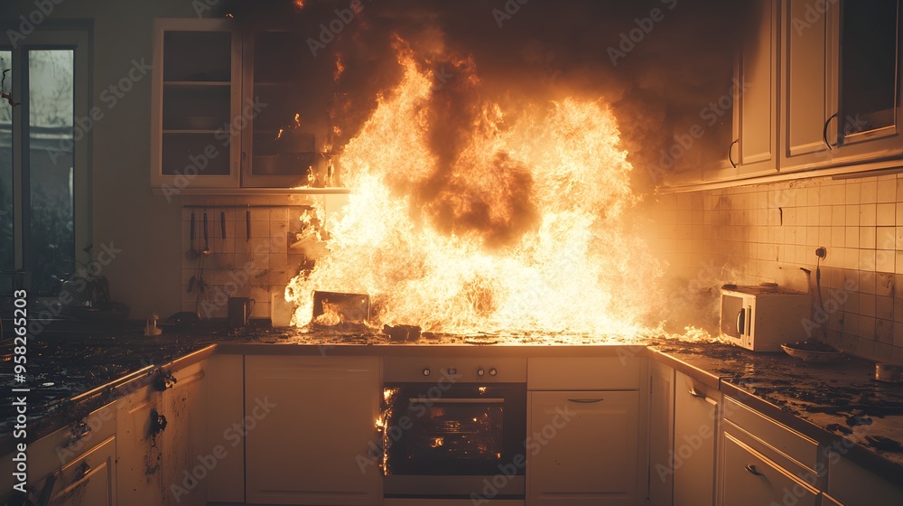 A modern kitchen consumed by a sudden fire, flames spreading across the ...