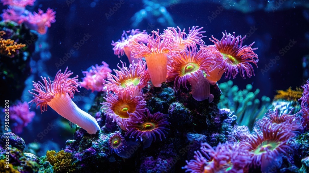 An underwater landscape featuring vibrant Flower Pot Coral (Goniopora ...
