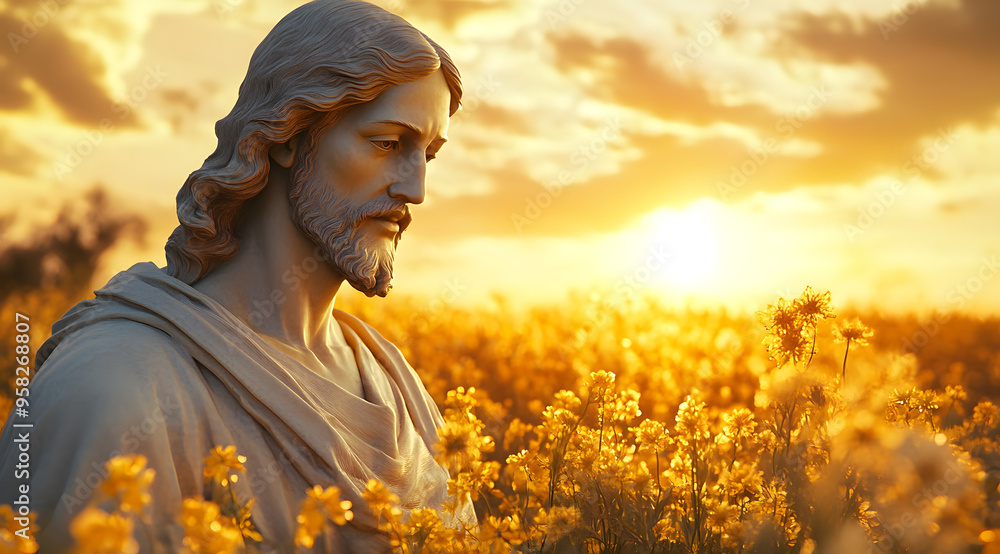 “Jesus Statue in a Field at Sunset, Capturing the Serene and Spiritual ...