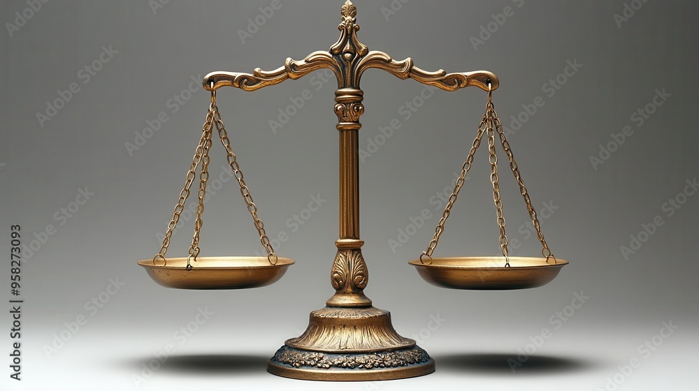 symbolic justice ornate gold scales perfectly balanced against a stark ...