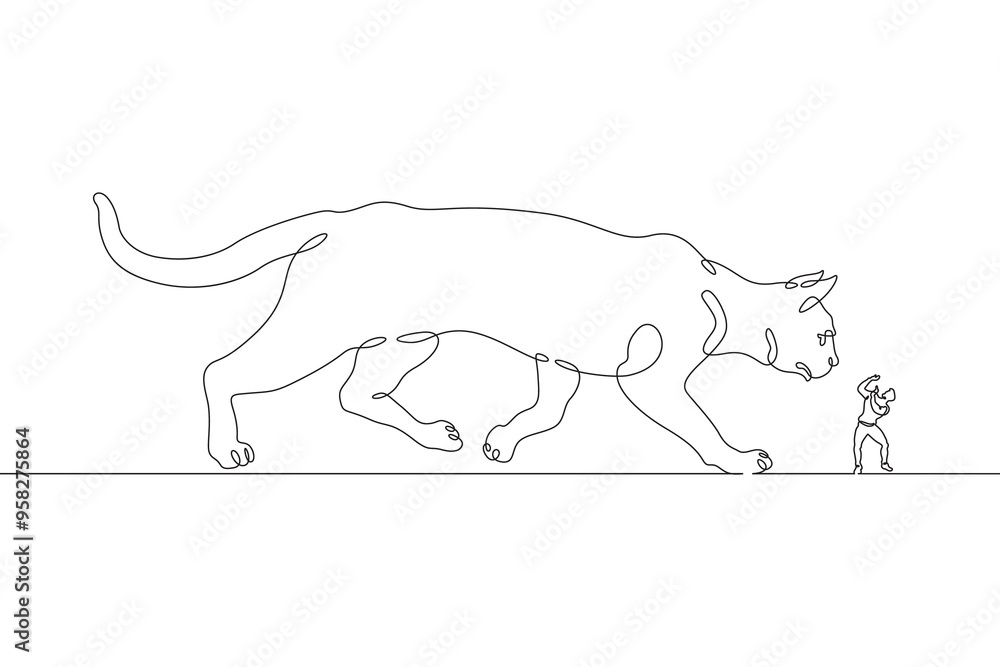 Continuous one line drawing giant cat with a small man. The man is ...