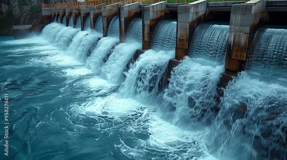 Side View of Hydroelectric Dam with Water Gushing. Side view of a ...