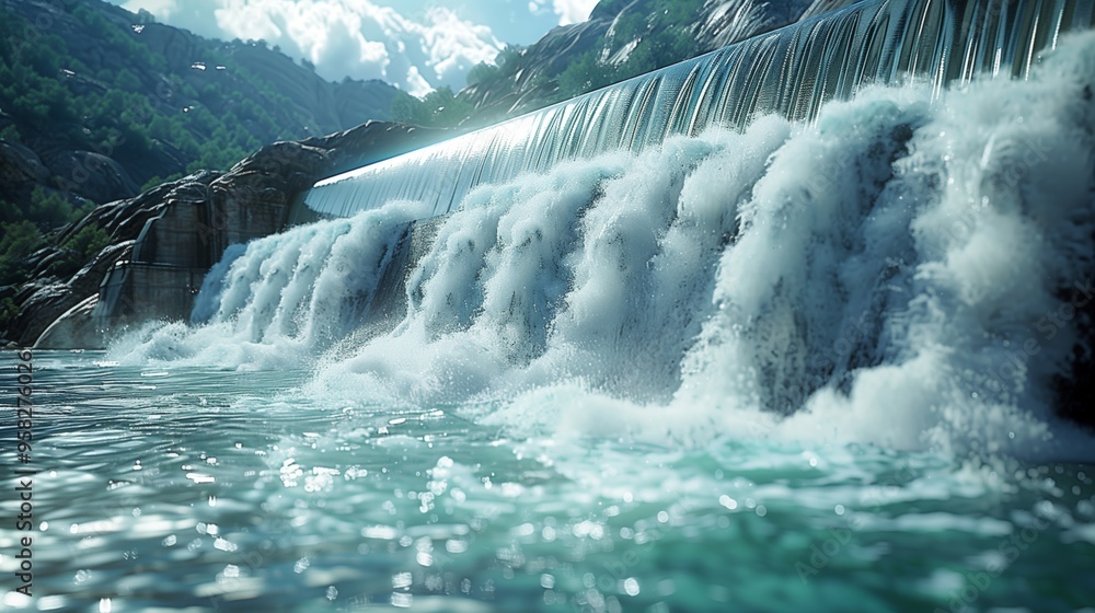 Hydroelectric Dam with Waterfall Effect in Bright Sunlight. Close-up of ...