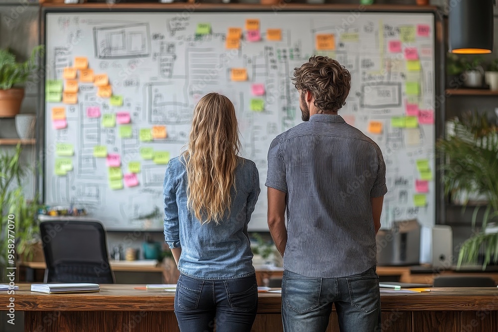 Mapping Out Success: A man and woman, their backs to the camera, stand ...