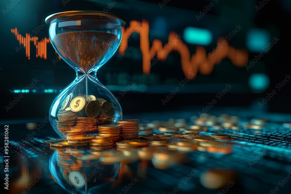 Time is Money: A captivating 3D render of an hourglass with gold coins ...