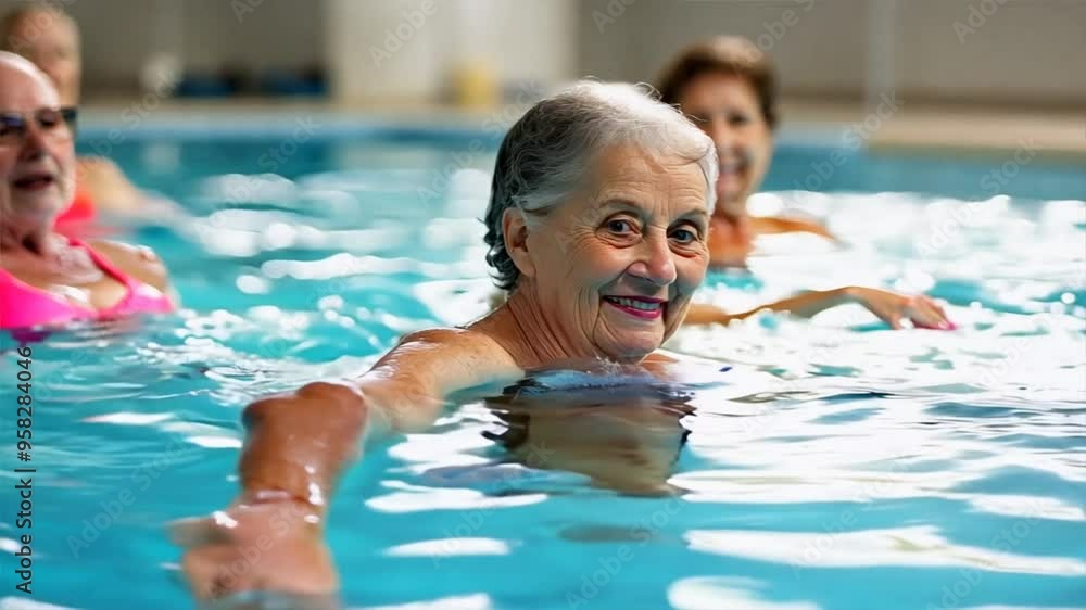 Senior adults participating in a water aerobics class in a pool ...