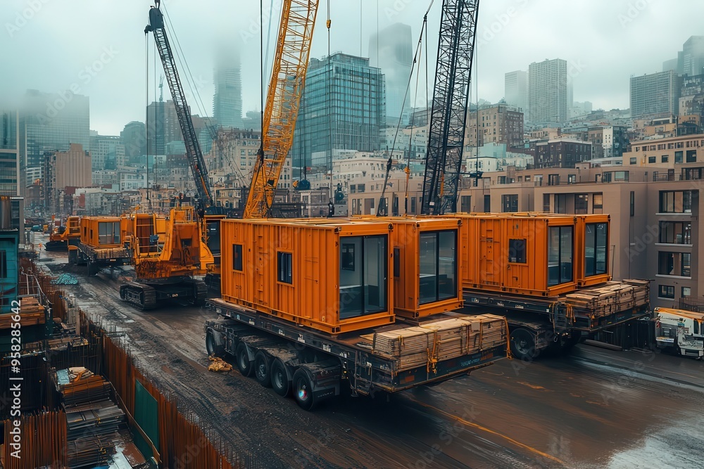 fleet of crane trucks transporting modular office units to a bustling ...