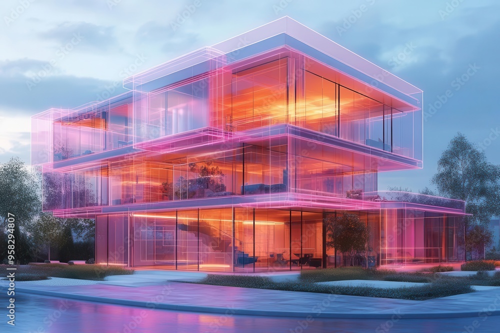 holographic architectural blueprint of a sustainable office building ...