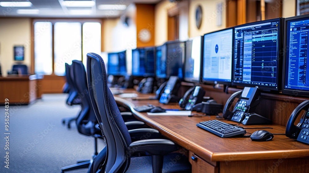 Futuristic 911 Call Center Officer's Workstation with Multiple Screens ...