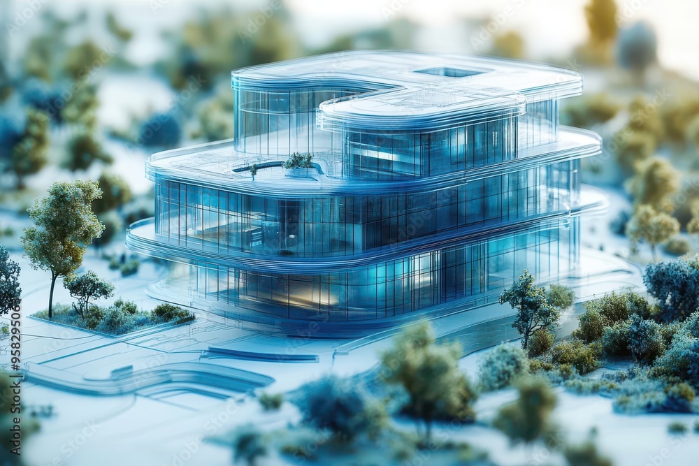 holographic architectural blueprint of a sustainable office building ...