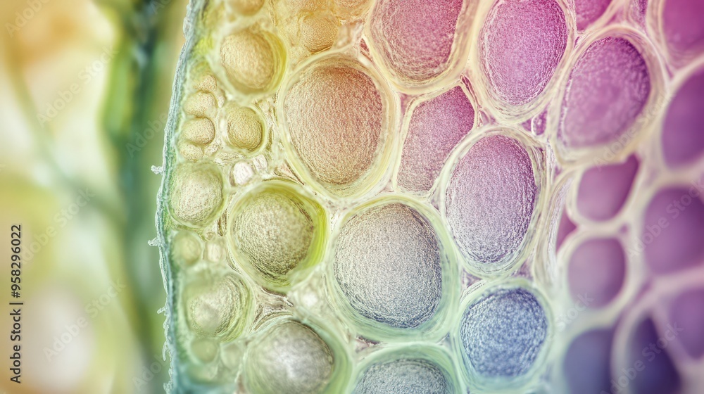 Cross-section of a plant stem under a microscope, revealing xylem and ...