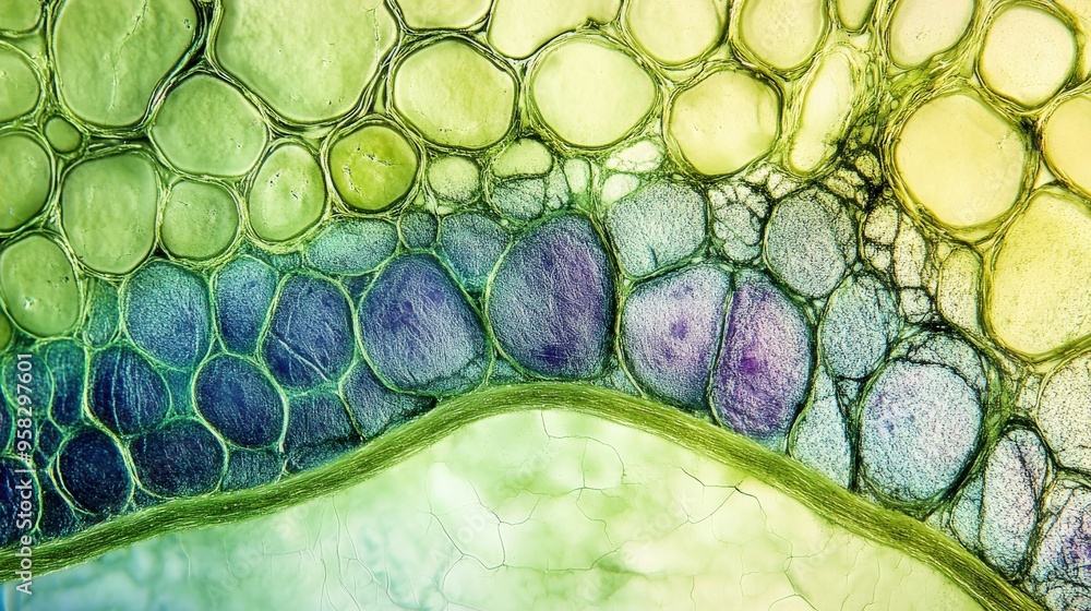 Cross-section of a plant stem under a microscope, revealing xylem and ...