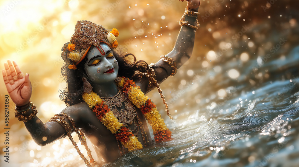 A divine illustration of Krishna, with a crown of jewels and garlands ...