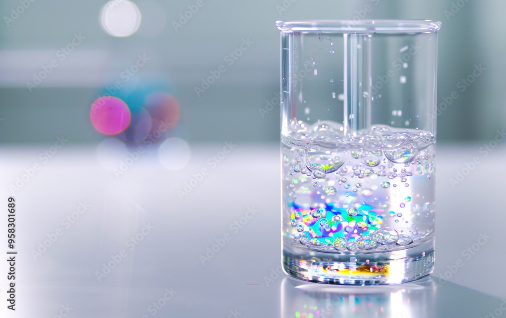 A close-up shot of a beaker with a clear liquid that appears almost ...
