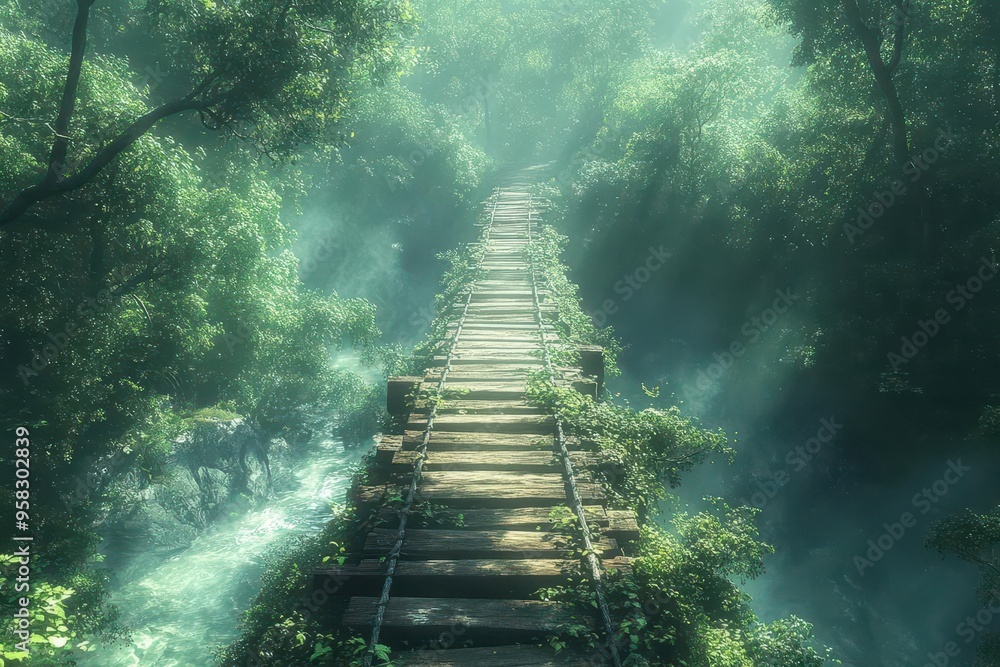 lush rainforest scene dense emerald canopy dappled sunlight wooden ...