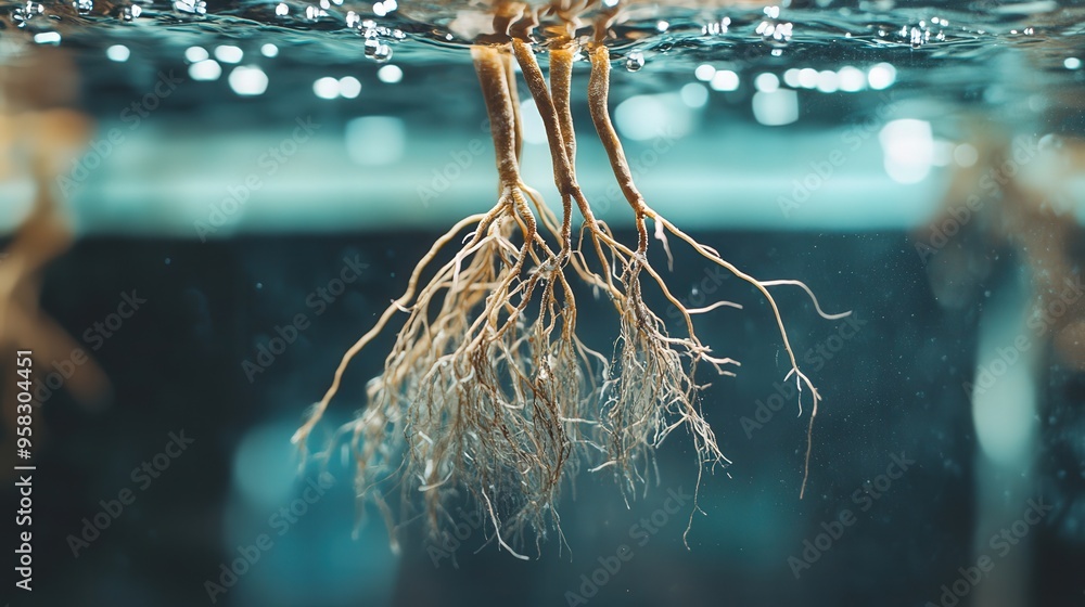 Close-up of a plant's root system in water, showing new roots sprouting ...