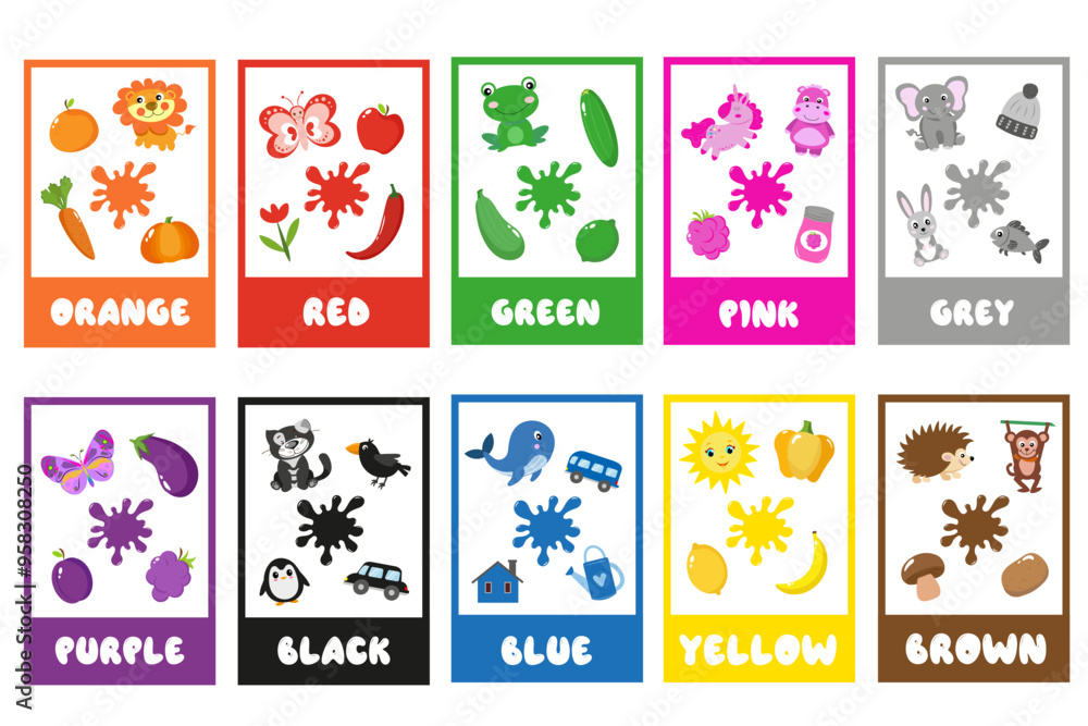Set of cards with flowers. Learning colors for children. Worksheet for ...
