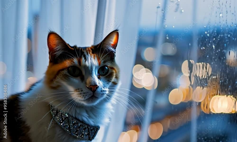 a white cat wearing a diamond collar and crusty with a view of the city ...
