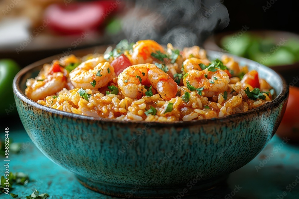 rustic green ceramic bowl filled with steaming jambalaya nestled on ...