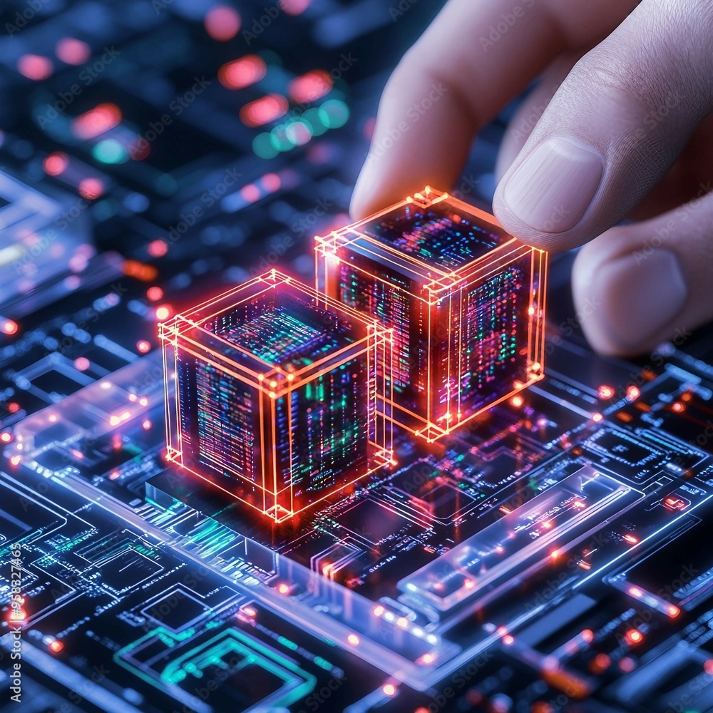 a digital engineer is rebuilding lost data blocks. holographic blocks ...