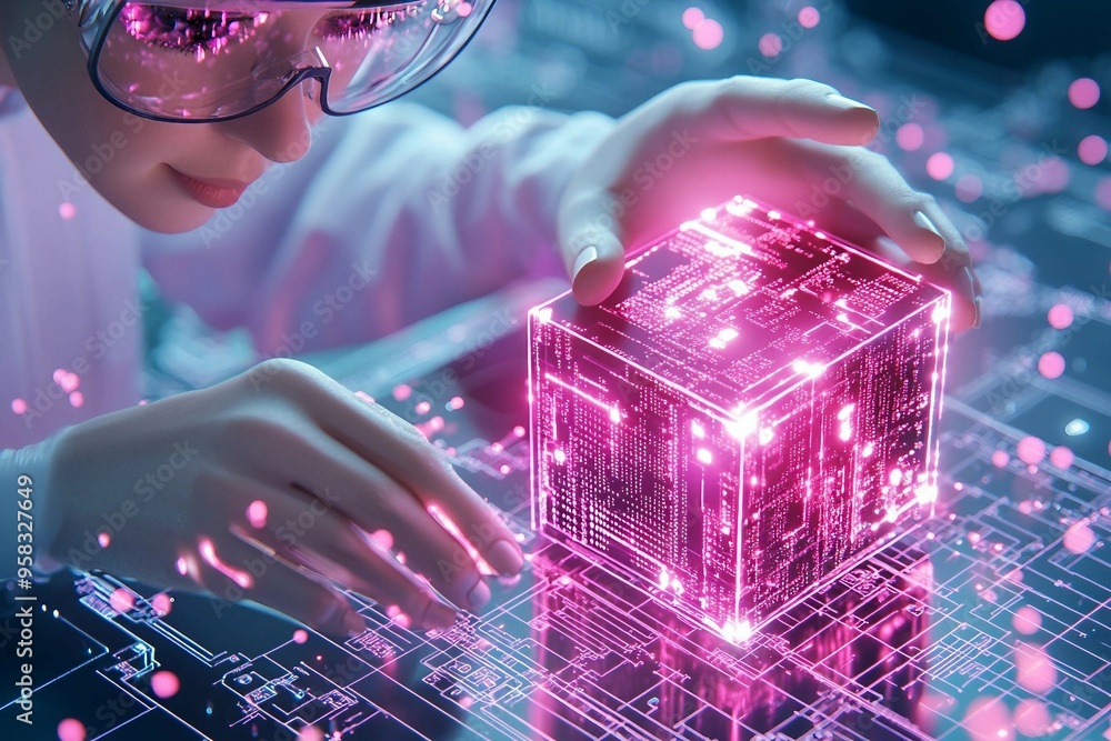 a digital engineer is rebuilding lost data blocks. holographic blocks ...