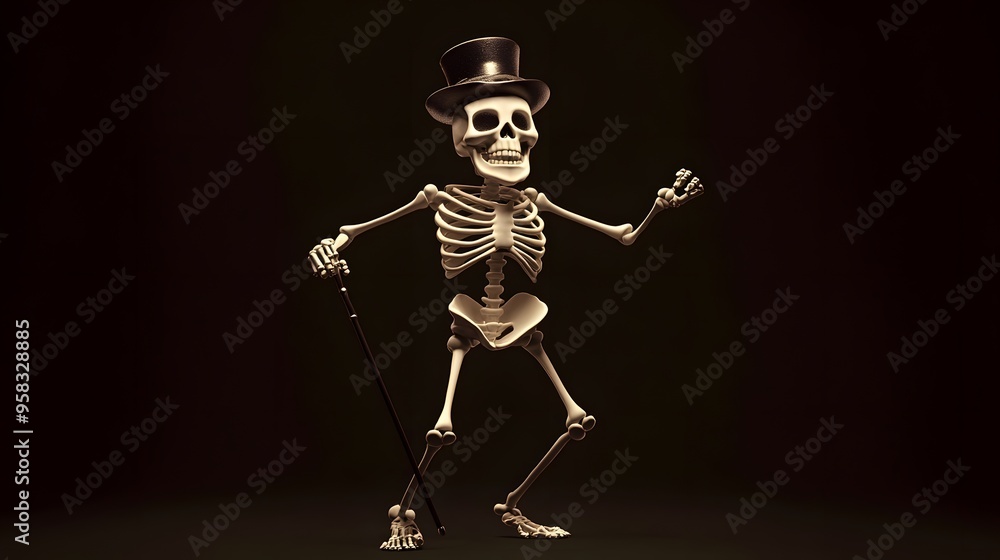 Cartoon skeleton character with a top hat and a cane, dancing, isolated ...